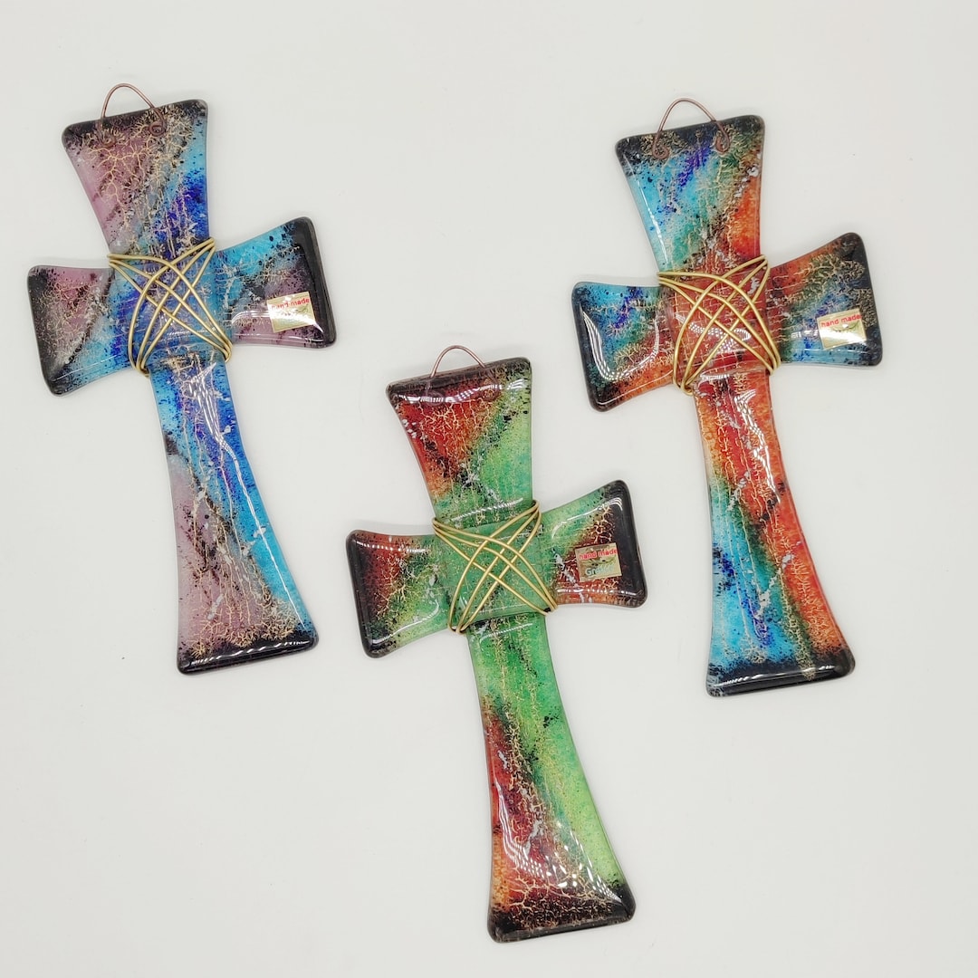 Handmade Fused Glass Cross Multycolor Wire Hanger Glass Cross for the ...