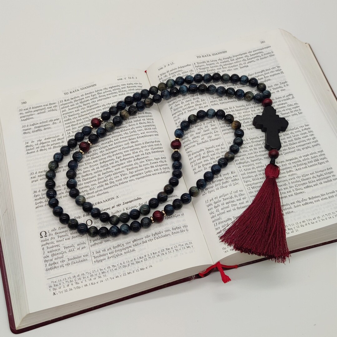 Orthodox Prayer Rope 100 Hawk's Eye Gem Stone Semiprecious Beads Wood ...