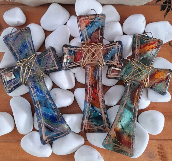 Handmade Fused Glass Cross Multycolor Wire Hanger Glass Cross - Etsy