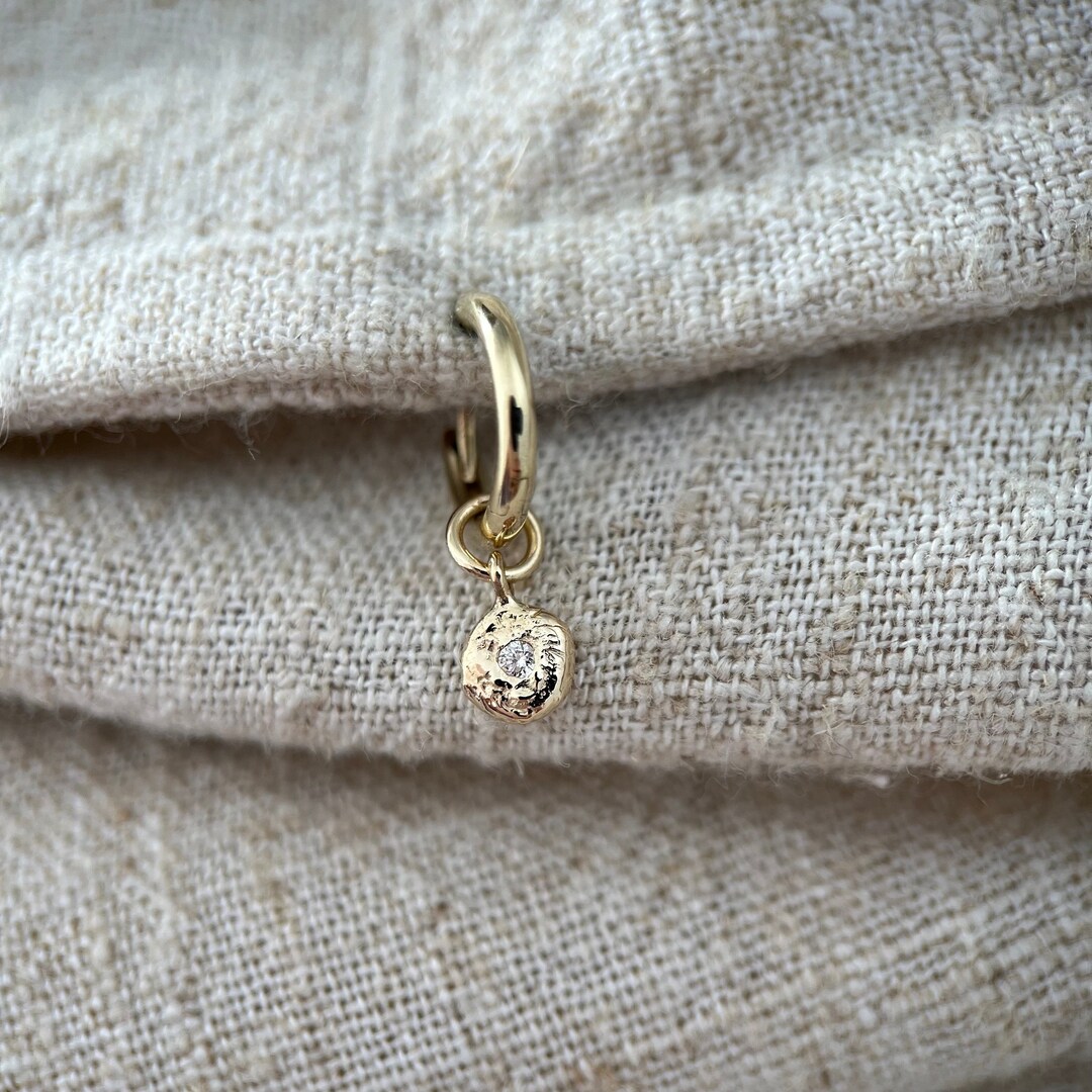 Midi 9ct Molten Gold Hoop Charm With a Genuine Diamond Solid Recycled ...