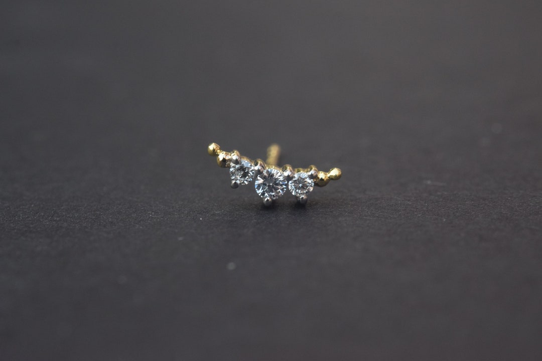 Diamond Mini Moon Studs, 14k Gold Diamond Helix Stud Earrings, Crescent Earrings, Diamond ...