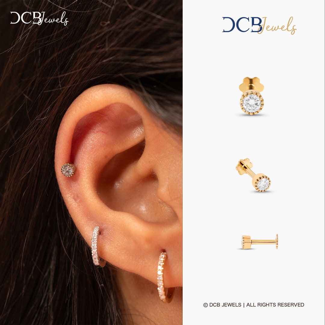 14K Gold Diamond Tragus Earring: Solitaire Flat Back Stud (16g) - Etsy