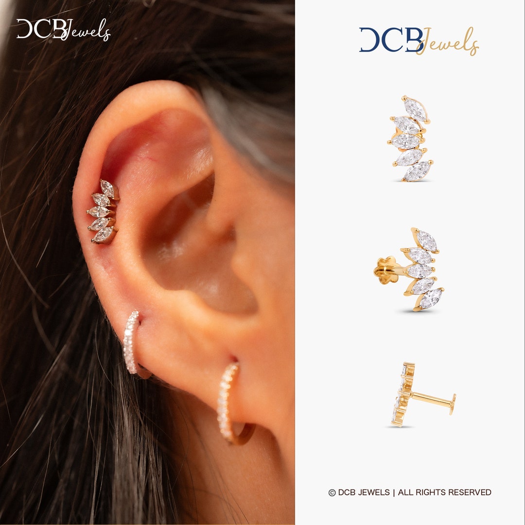 14k Gold Marquise Diamond Lotus Crown Earring: Helix Conch Labret Stud ...