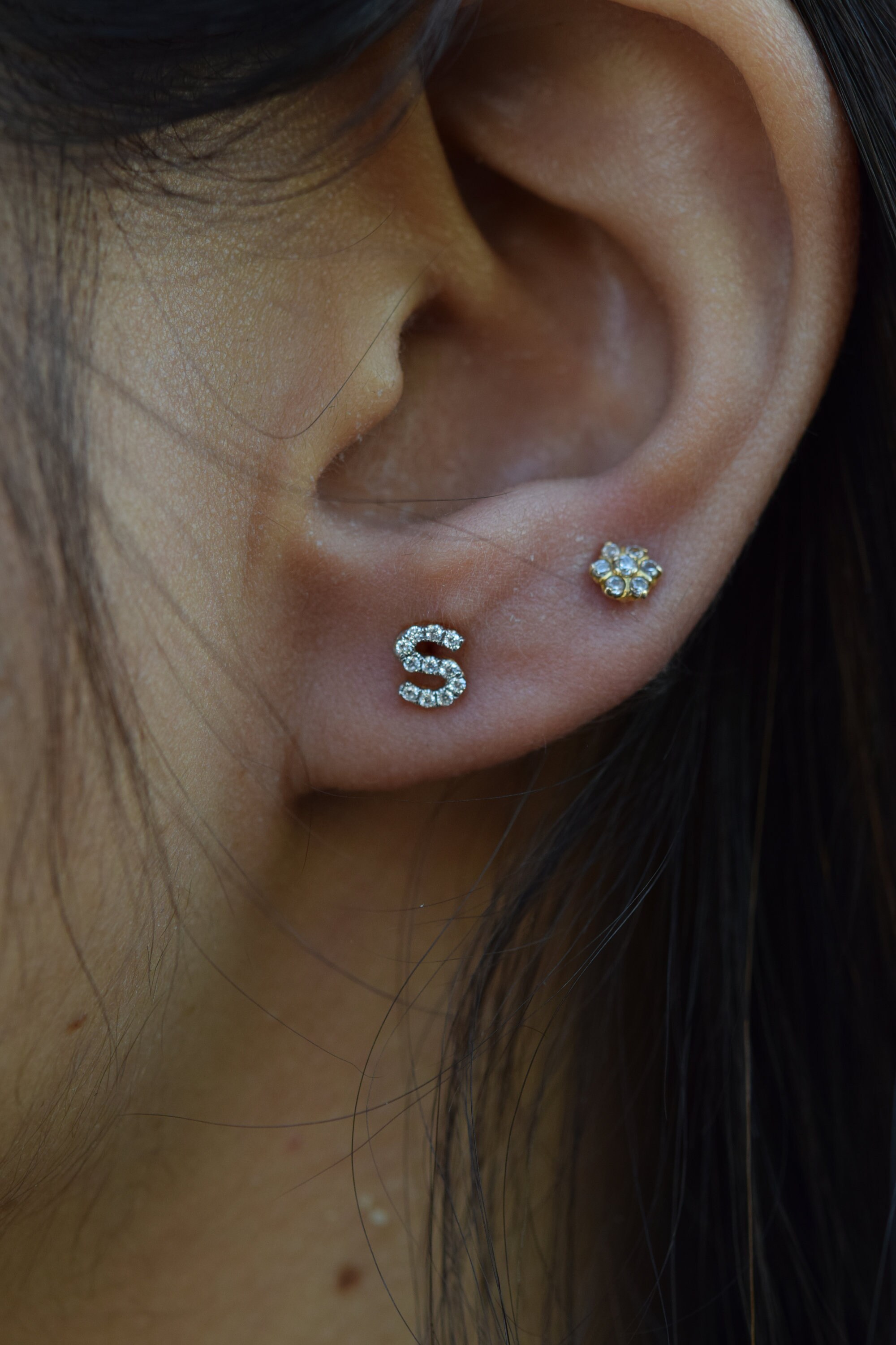 Diamond Initial Earring Studs/ 14K Gold/ Diamond Initial | Etsy