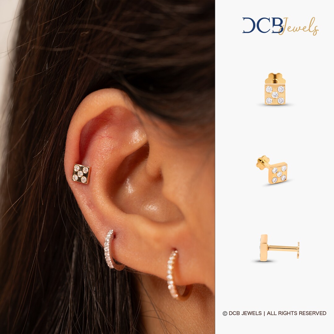 Diamond Bezel Set Stud Earrings, 14k Helix Disk Piercing Studs, Flat ...