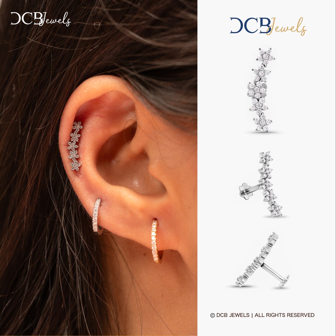 Diamond Ear Climber Earrings, Diamond Flower Crawler Earrings, Helix ...