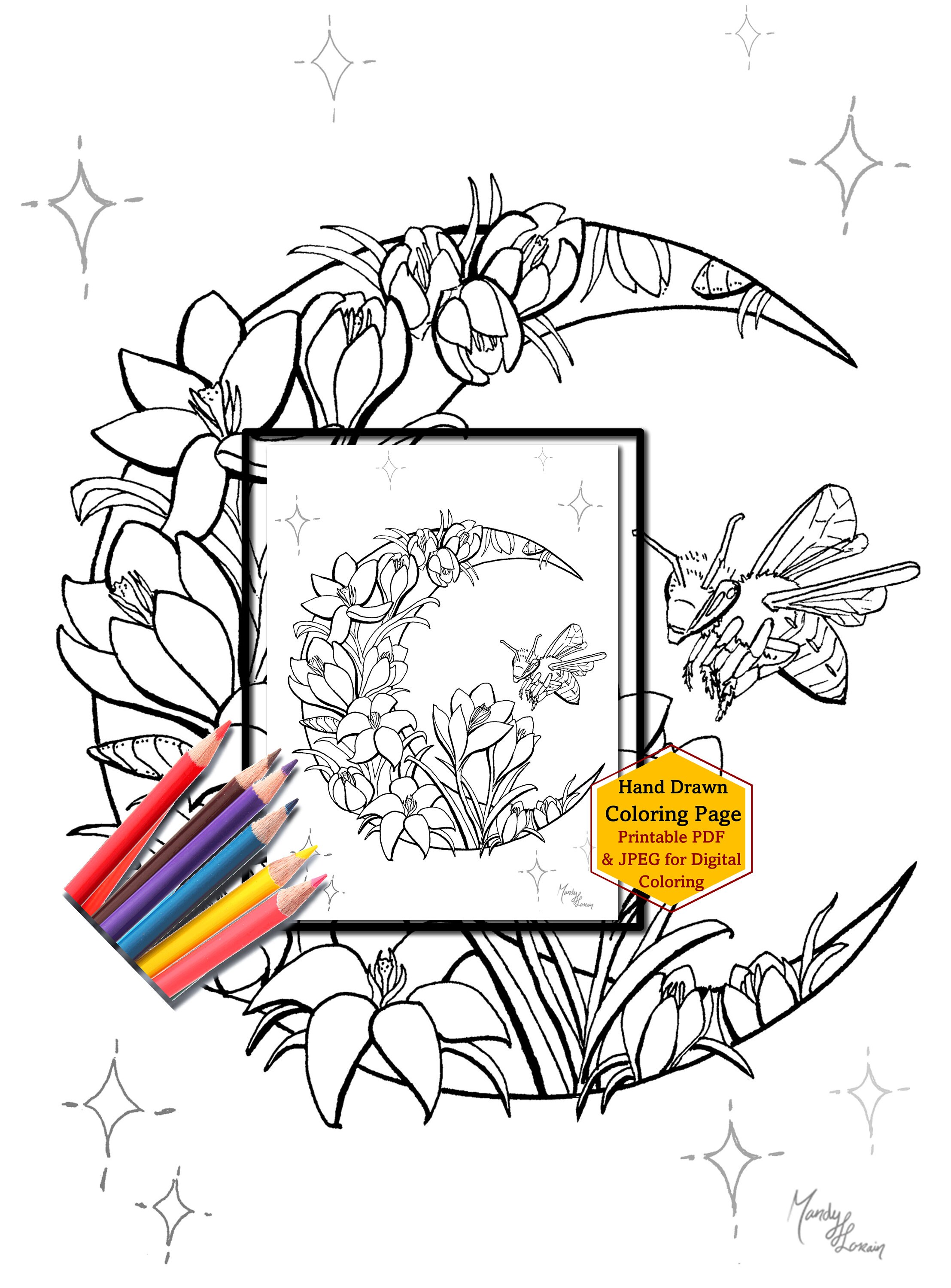 Crocus Moon Coloring Page, Bee Coloring Page, Printable Adult Coloring ...