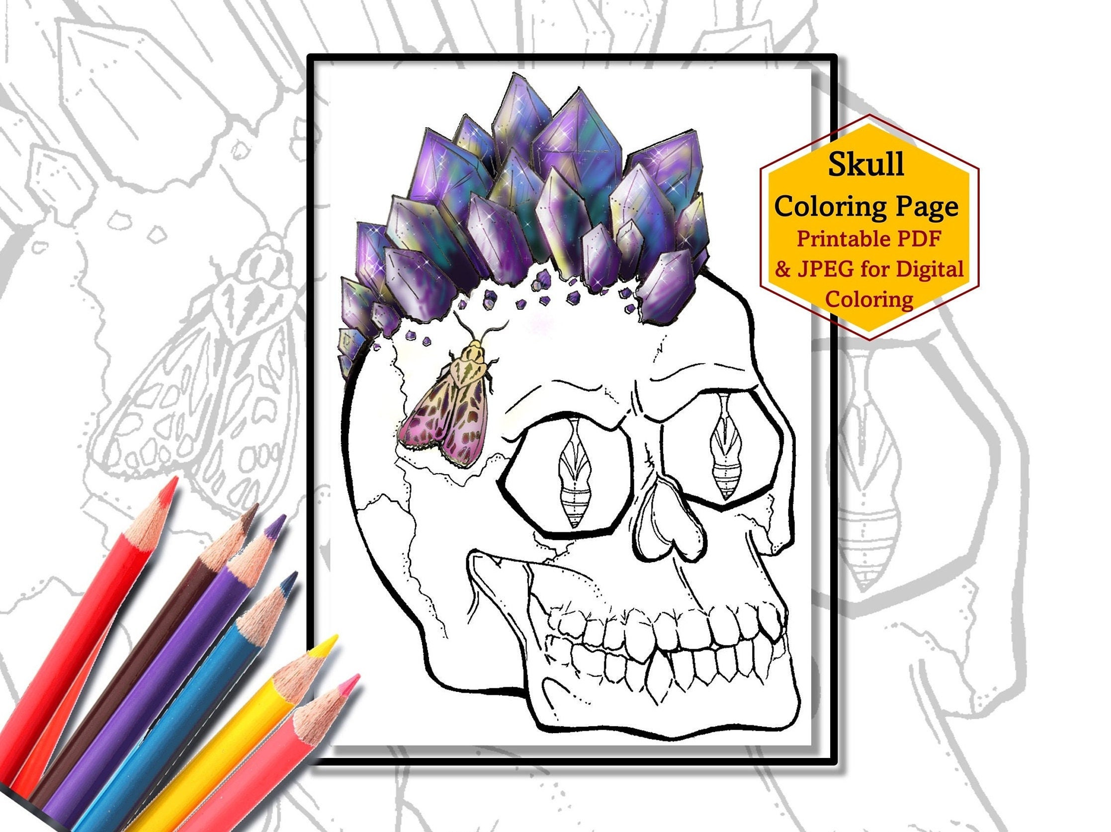 Crystal Skull Coloring Page With Moth Mohawk Skull Moth - Etsy
