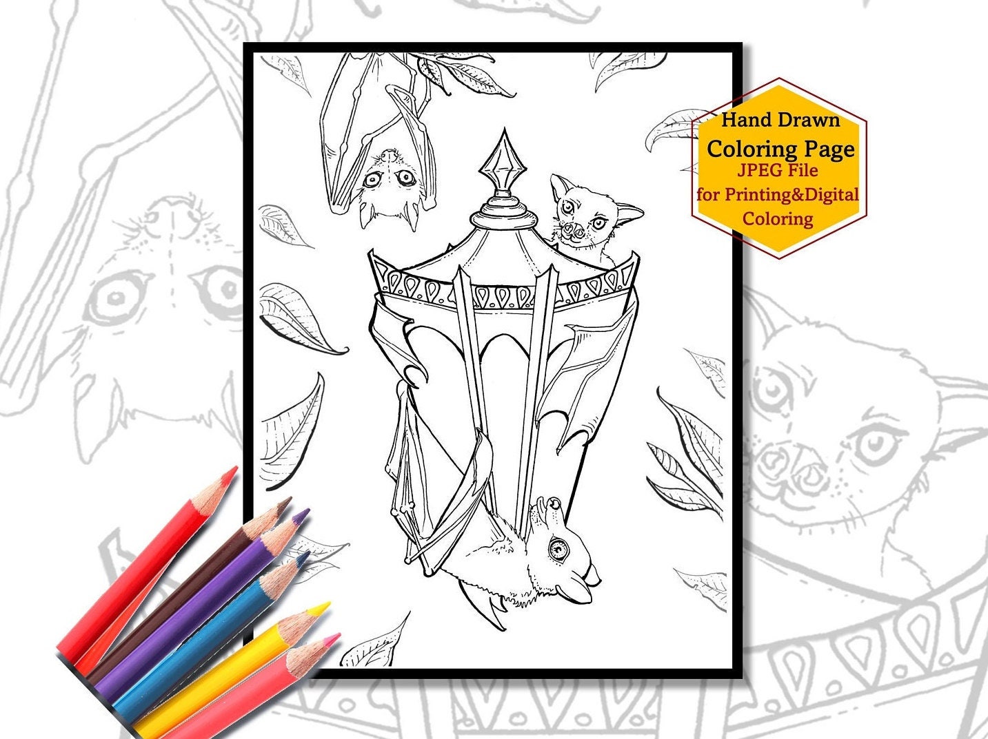 Batty Coloring Page W Fruit Bats Clinging to Vintage Style - Etsy