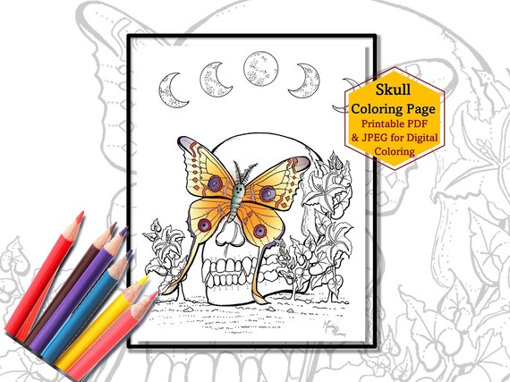 Skull Coloring Page Moth Coloring Printable Adult Coloring - Etsy