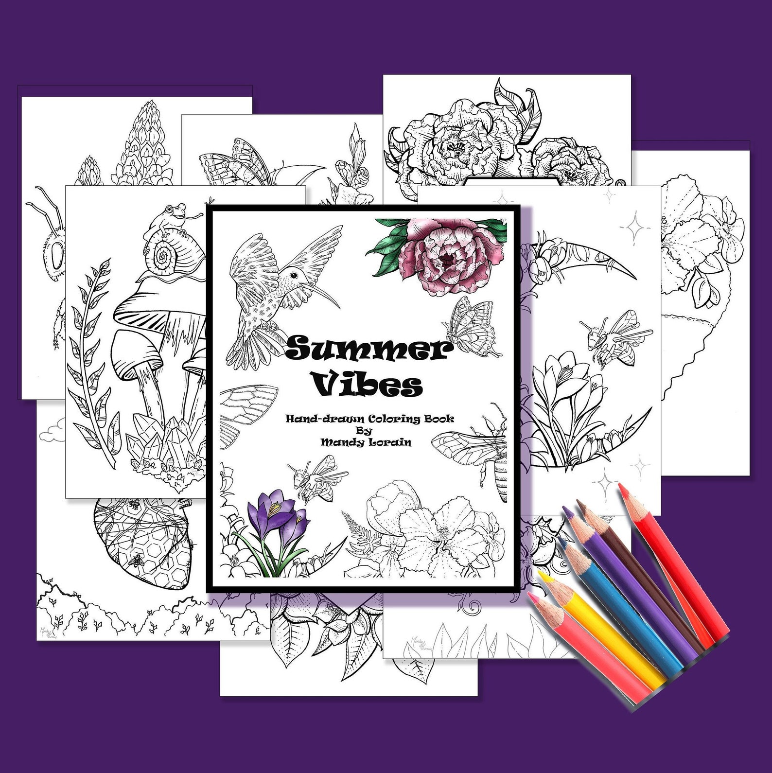 Summer Coloring Book: Hand-drawn Bees, Flowers, Mushrooms (PDF) - Etsy
