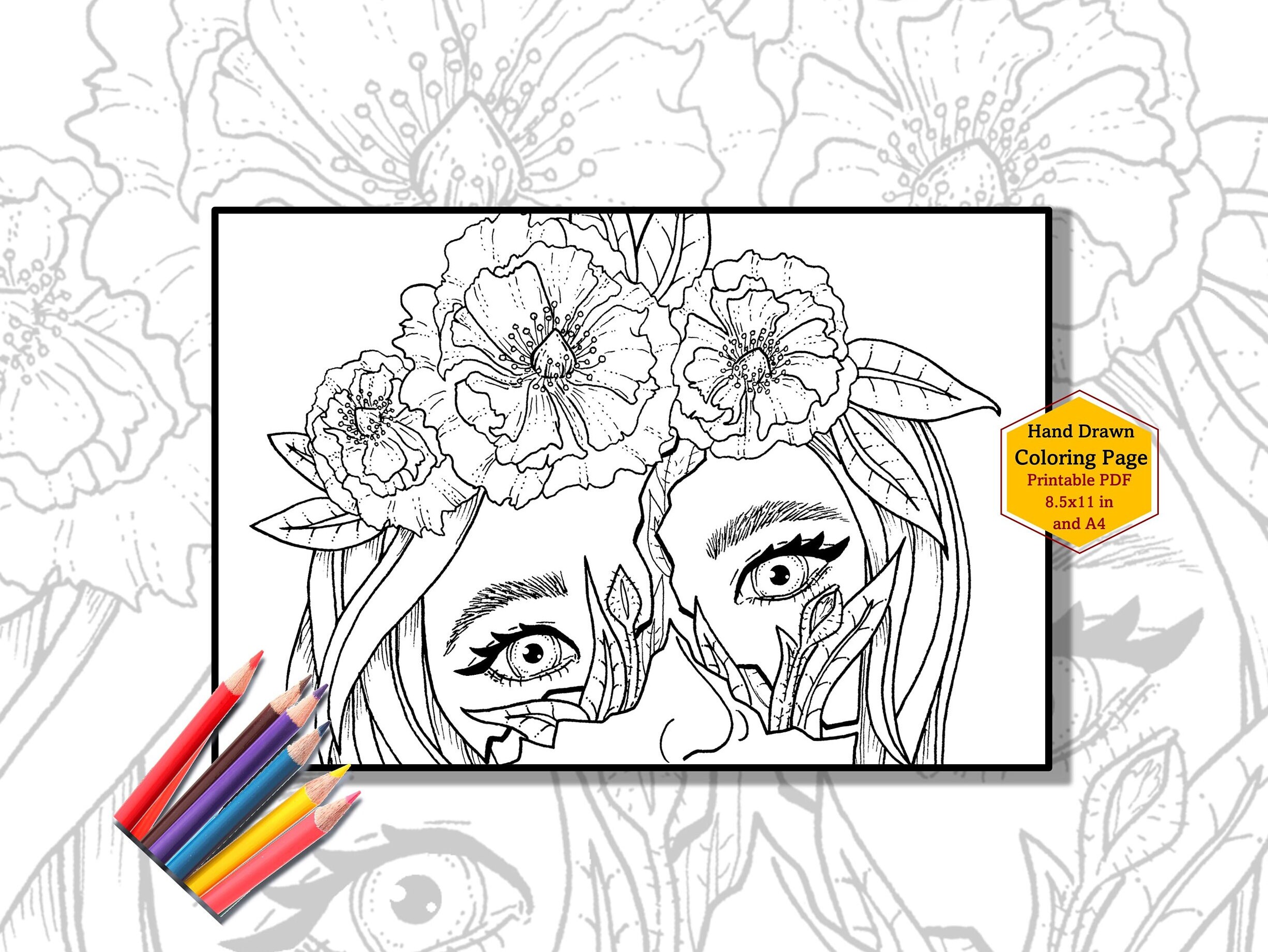 Fairy Coloring Page for Adults, Flower Coloring Page, Printable Kids ...