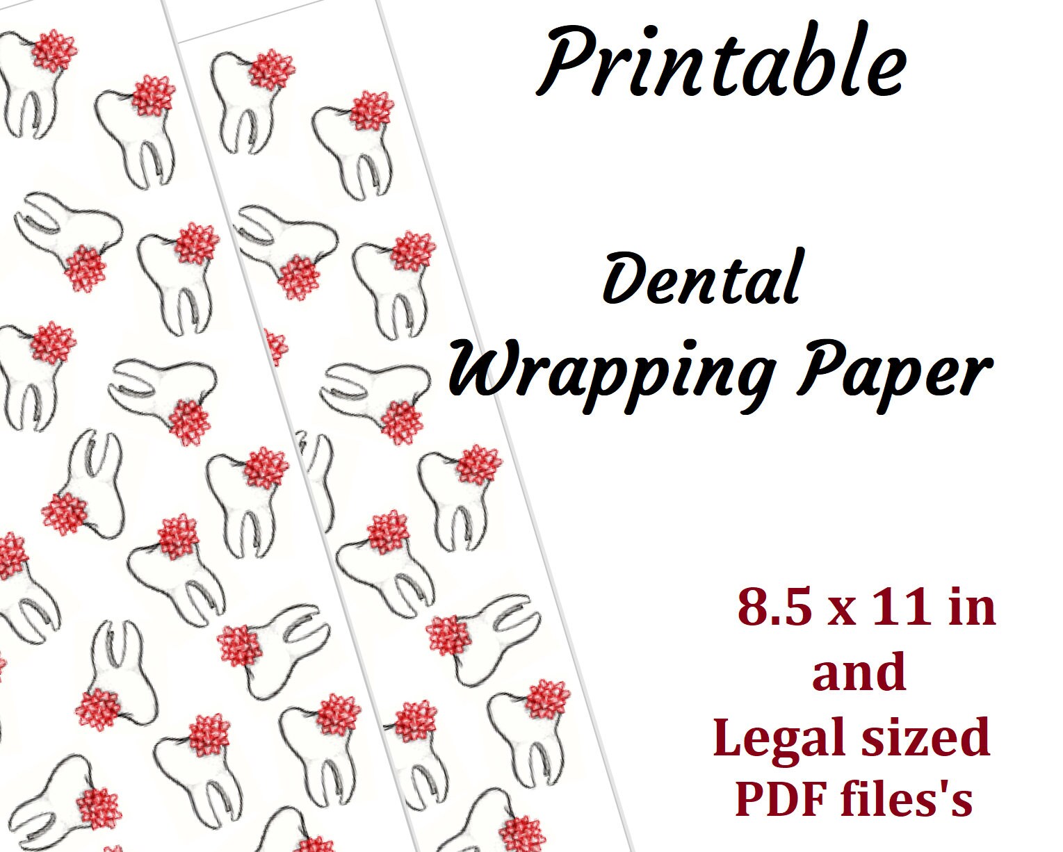 Printable Wrapping Paper, Christmas Tooth Design, Dental Gift Wrap ...