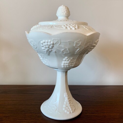 Large Milk Glass Compote Grapes Pattern Vintage 1960s Pedestal - Etsy
