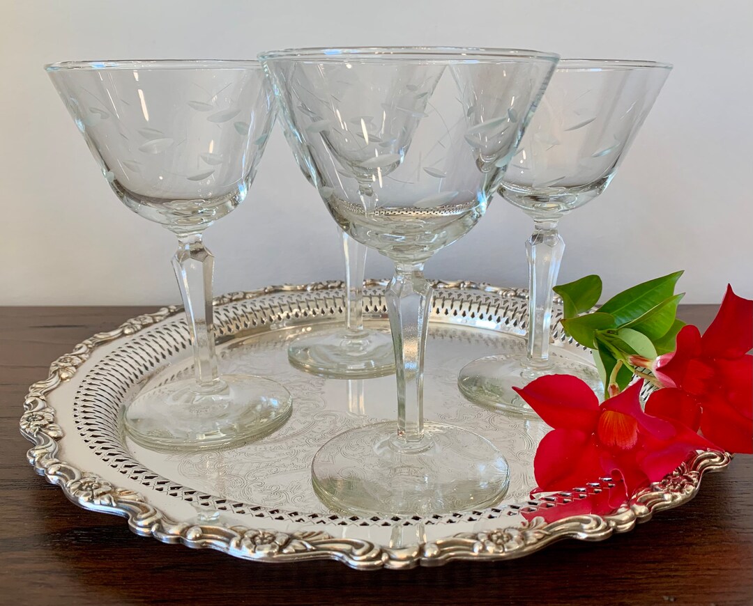 Set of 4 Vintage Retro Windswept Libbey Glass Company Etched Champagne ...