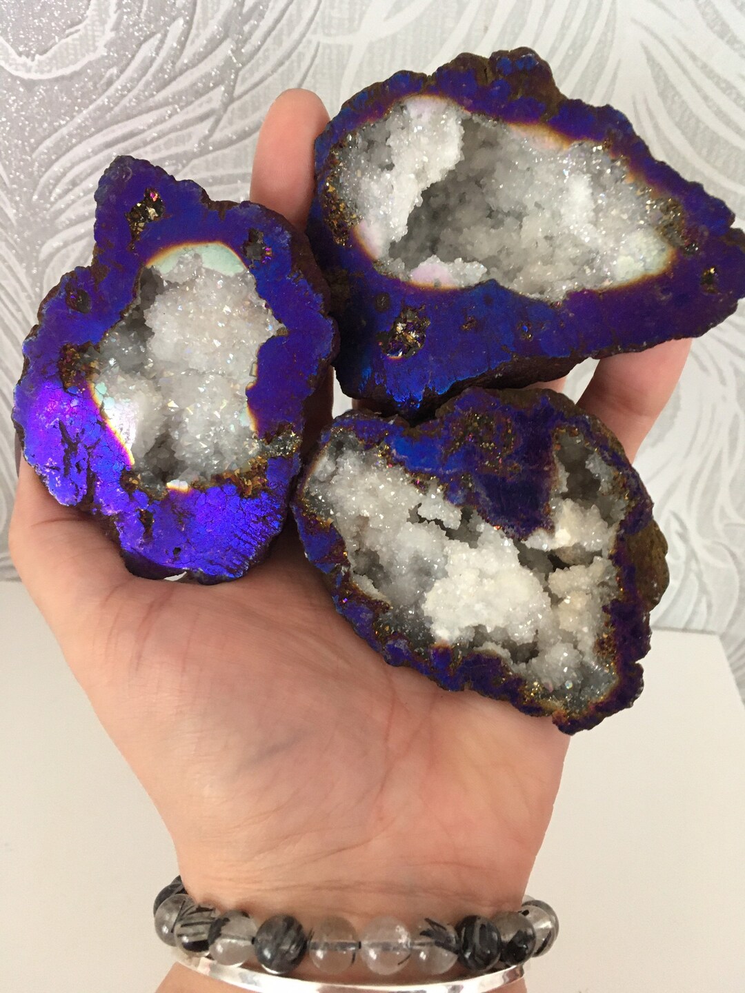 Quartz Geodes With Beautiful Violet Aura Edges 3 Stunning Pieces to ...