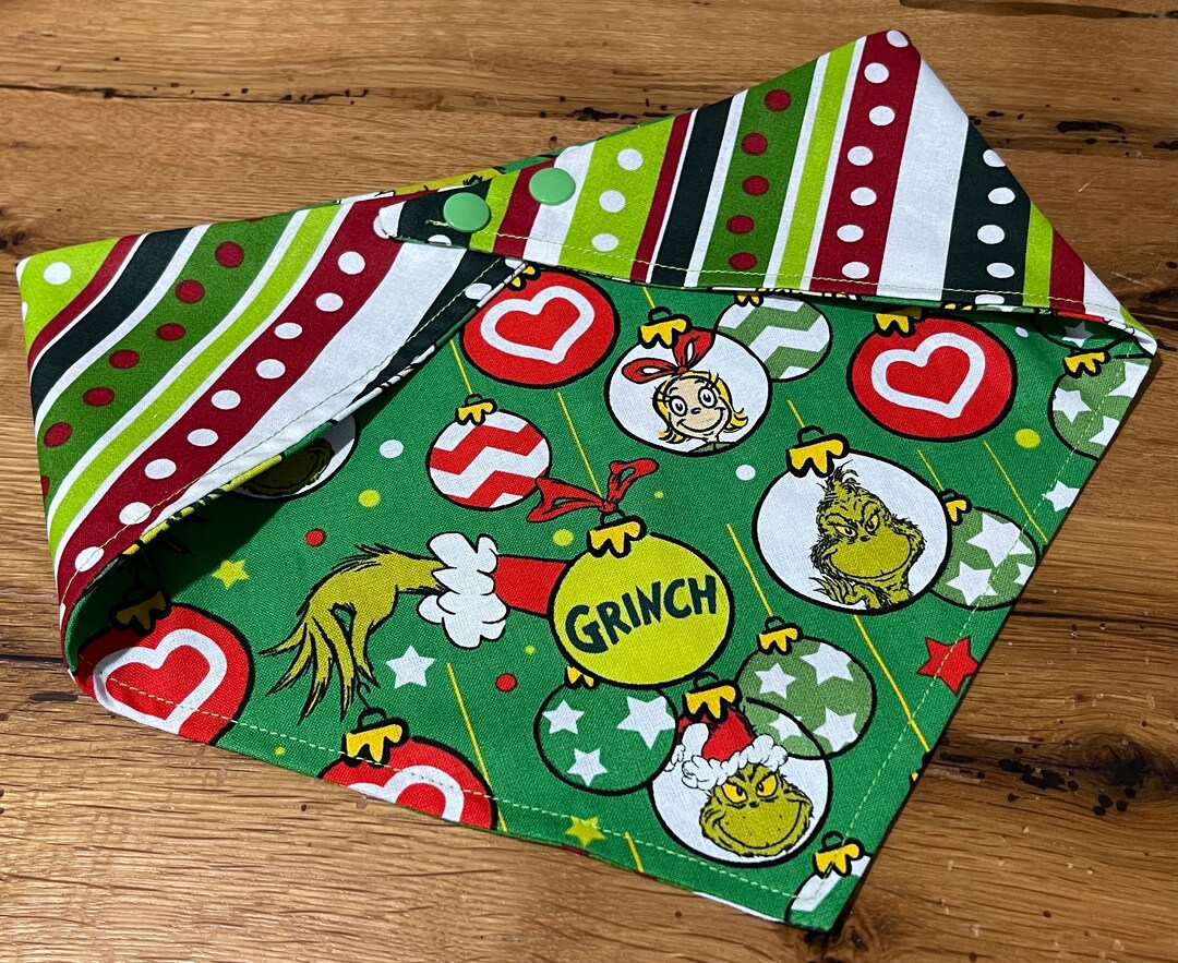 Merry Grinchmas Bandana, Grinch Ornaments on One Side. Stripes on Other ...