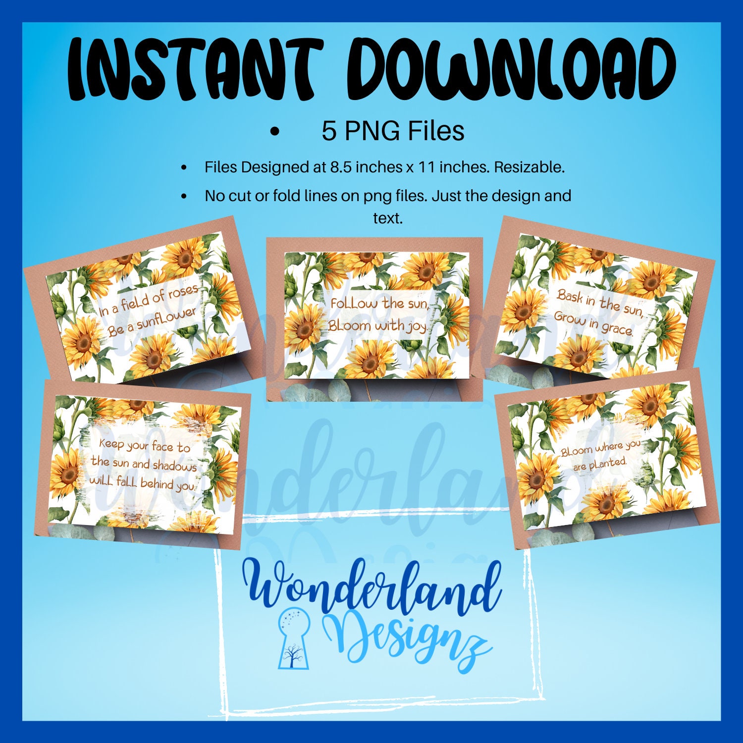 Sunflower Printable Greeting Cards Set 5 PNG PDF Digital Download ...
