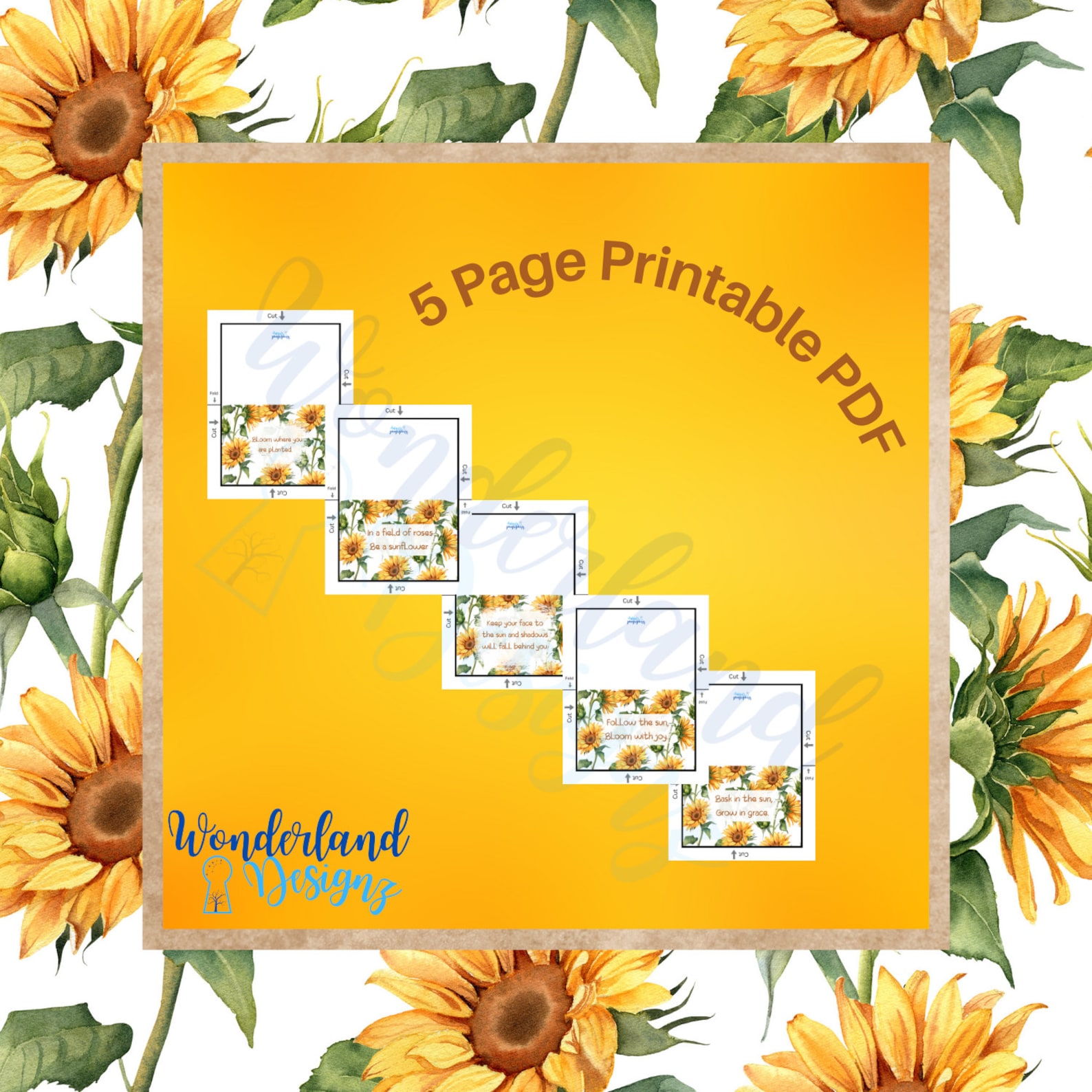 Sunflower Printable Greeting Cards Set 5 PNG PDF Digital Download ...