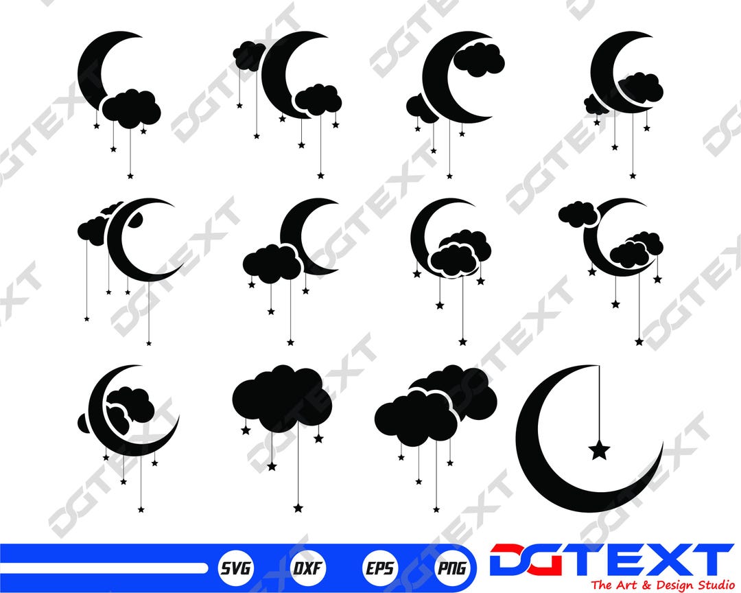 Moon Stars Clouds SVG, Moon Stars Clouds Vector, Silhouette, Cricut ...