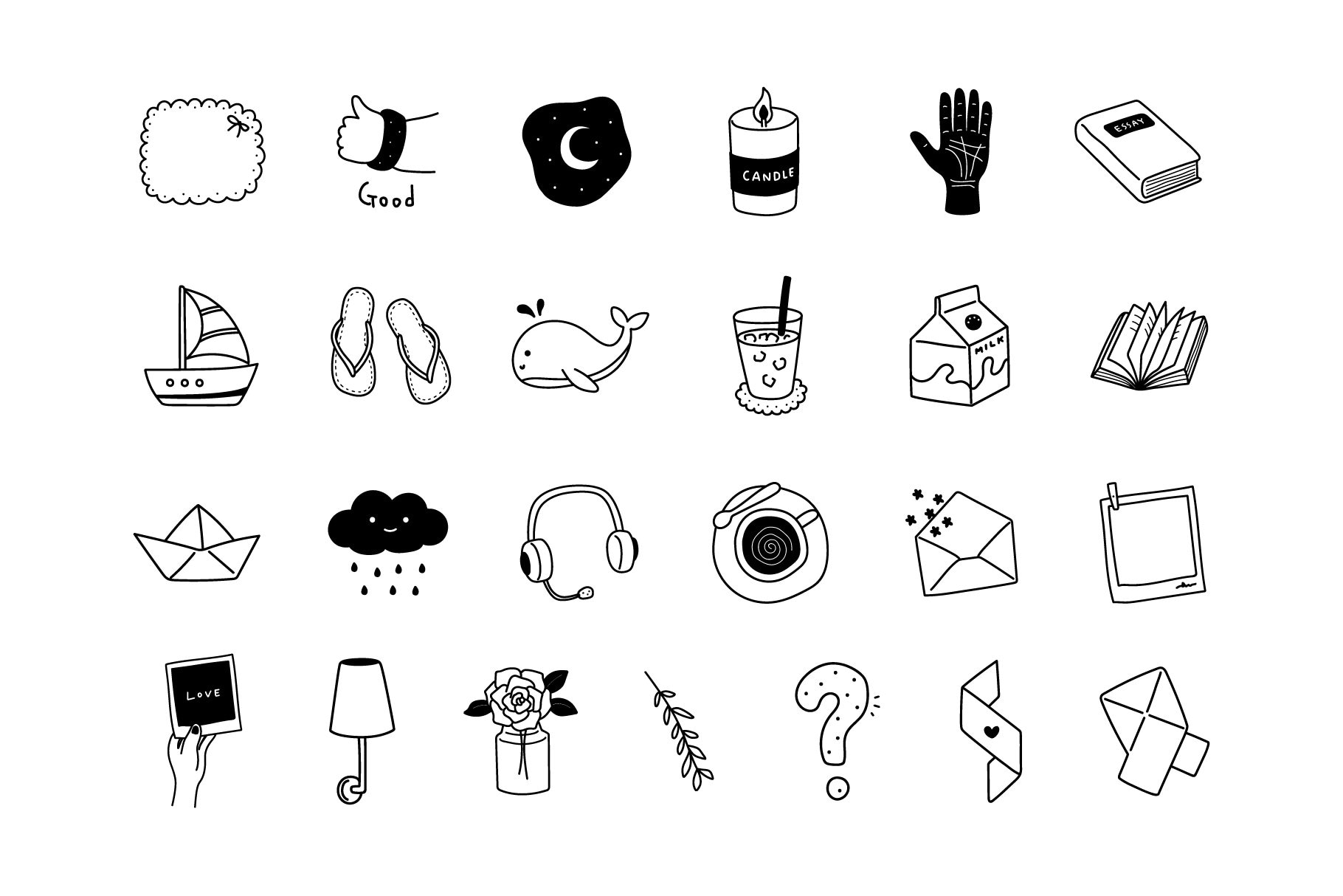 49 Black and White Doodle Icons, Hand Drawn Doodle Collection, Pen ...