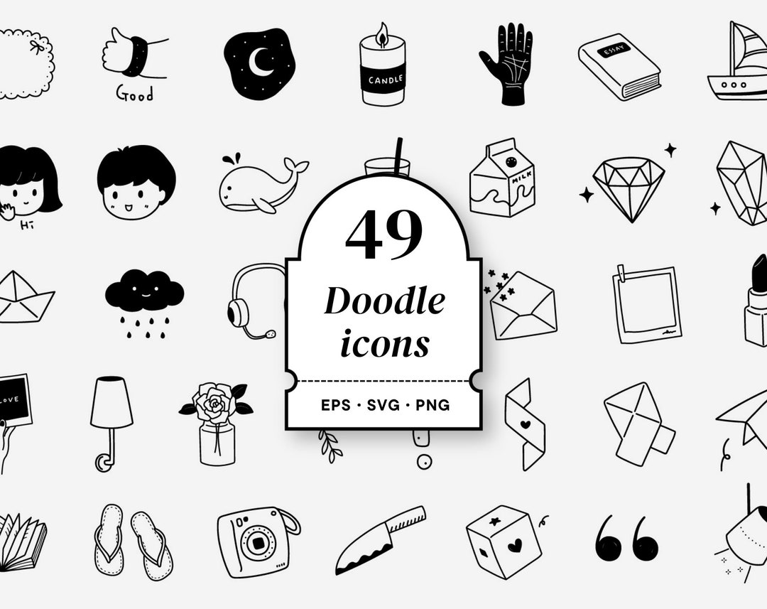 49 Black and White Doodle Icons, Hand Drawn Doodle Collection, Pen ...