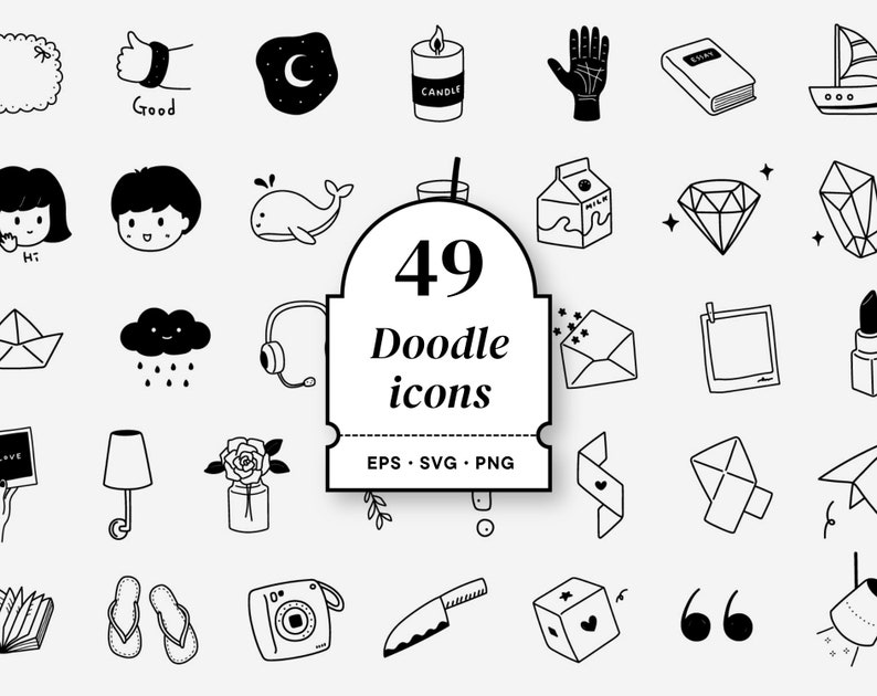 49 Black and White Doodle Icons, Hand Drawn Doodle Collection, Pen ...
