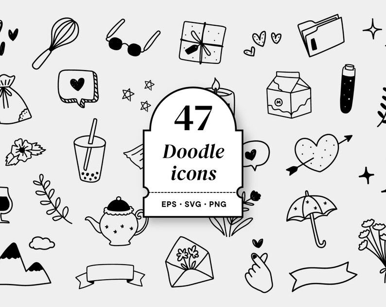 47 Black and White Doodle Icons, Hand Drawn Doodle Collection, Pen ...
