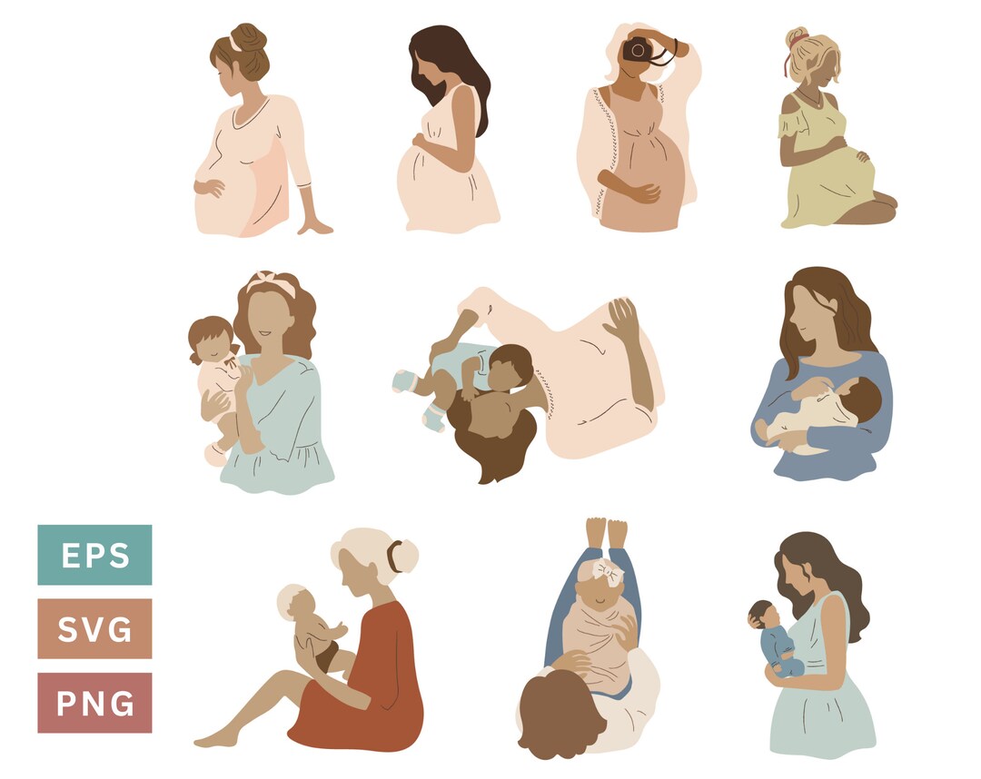 10 Pregnant Woman and Mom With Baby Clip Art & Vectors, Hand Drawn ...