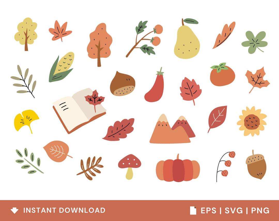 40 Autumn Clipart, Hand Drawn Autumn Mood Objects and Thanksgiving Food ...