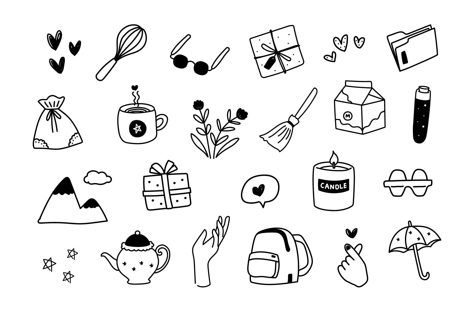 47 Black and White Doodle Icons, Hand Drawn Doodle Collection, Pen ...