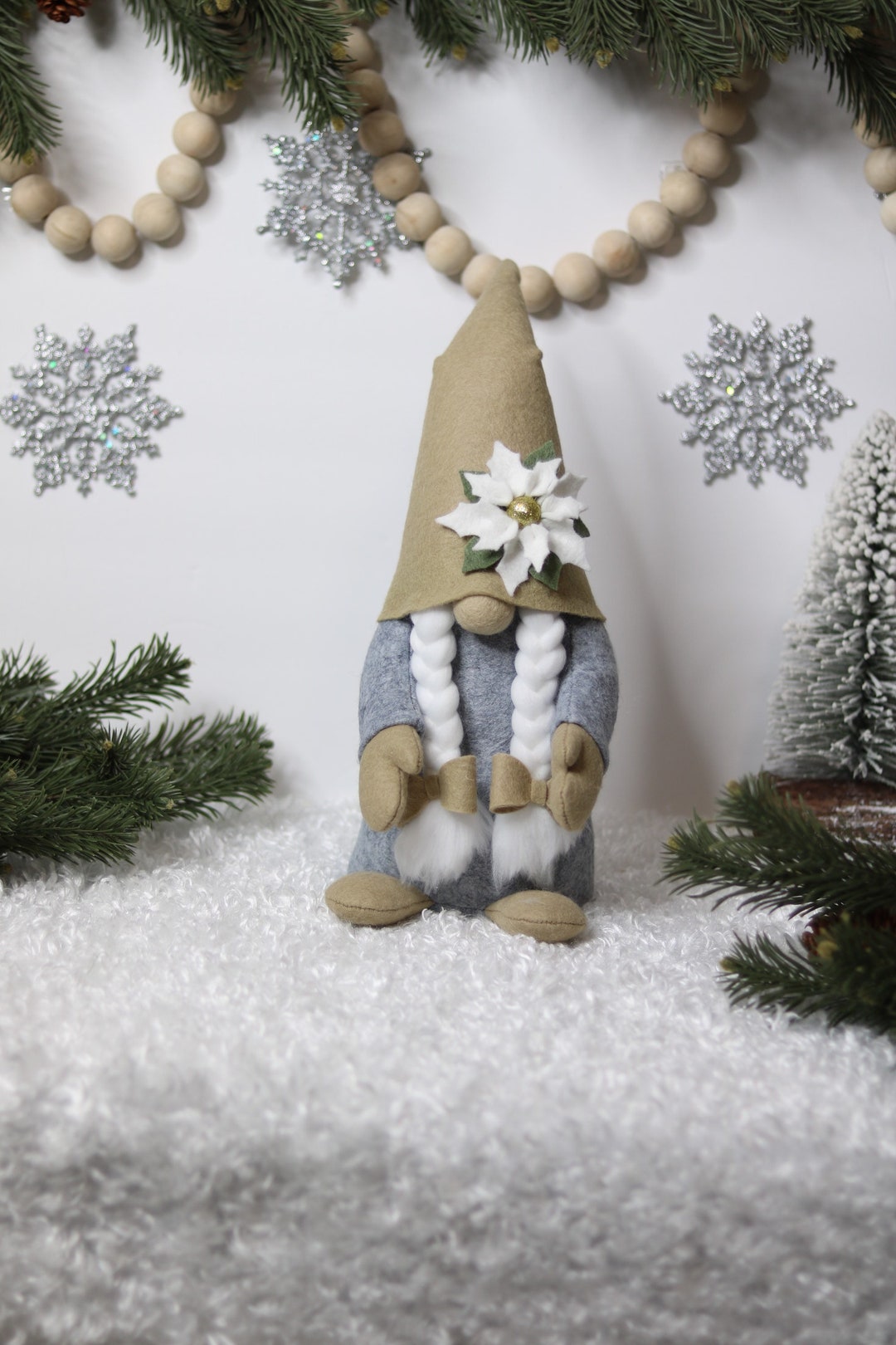 Neutral Christmas Gnome With Braids, Female Gnome, Poinsettia Gnome ...