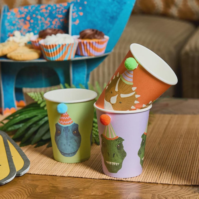 T-rex Dinosaur Pompom Party Cups – Pack of 6, Kids Birthday Decorations ...