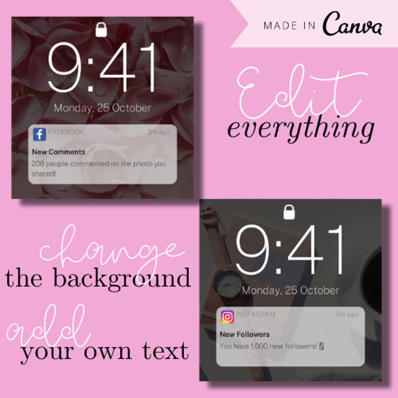 4 Editable iPhone Notification Lockscreen Canva Instagram Templates ...