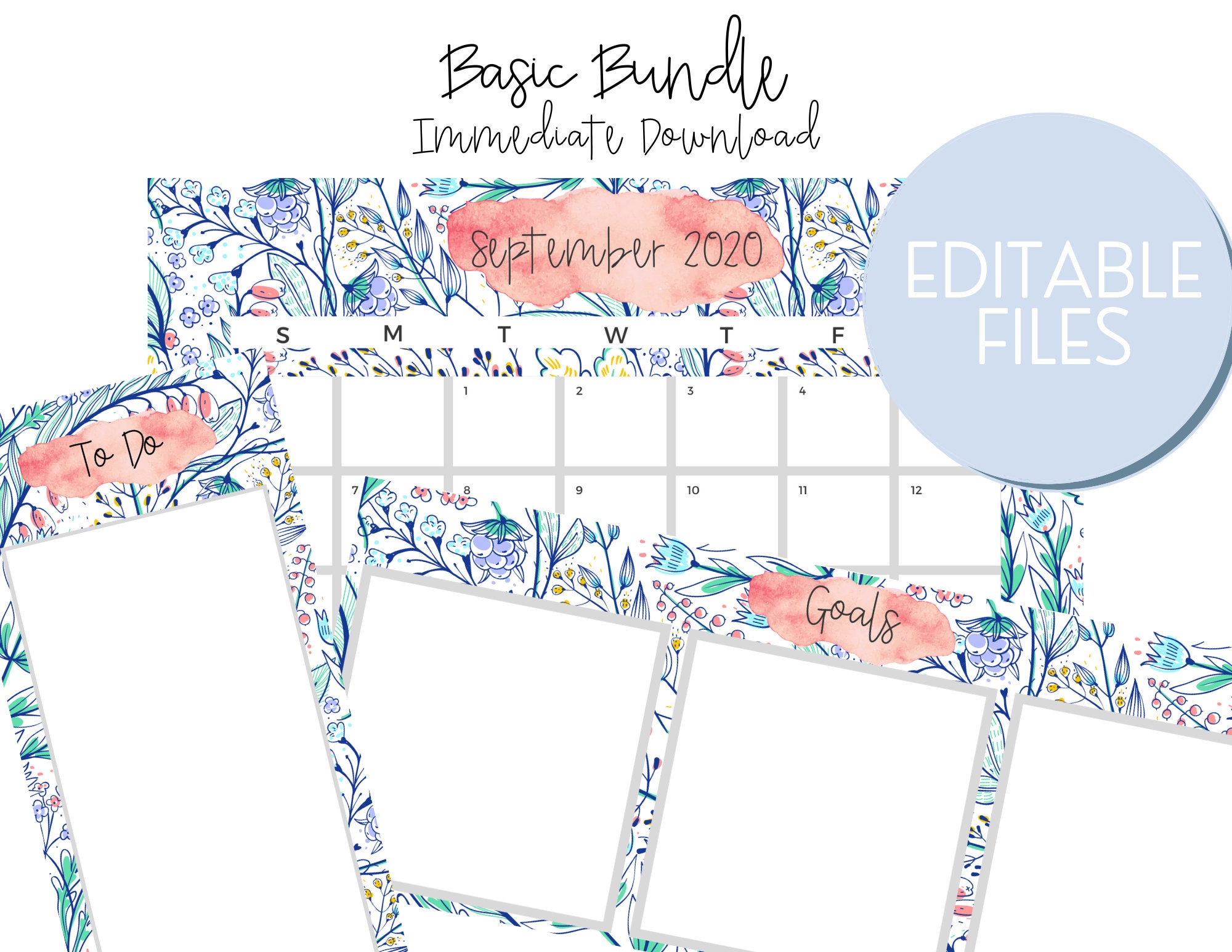 Editable Printable Basic Bundle, Calendar, Goals, to Do List, Floral ...