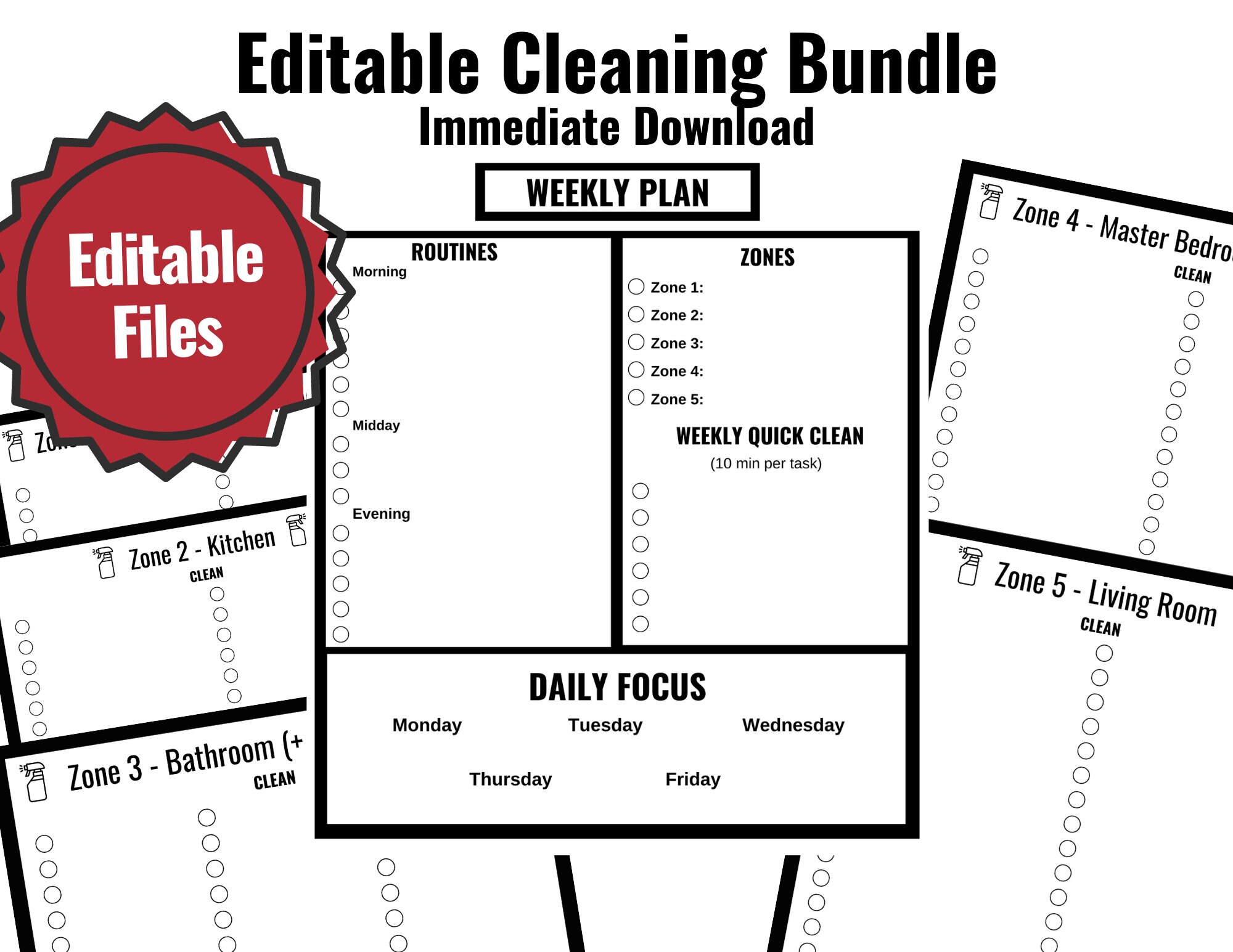 Printable Editable Cleaning Bundle, Zone Cleaning, Daily Routines ...