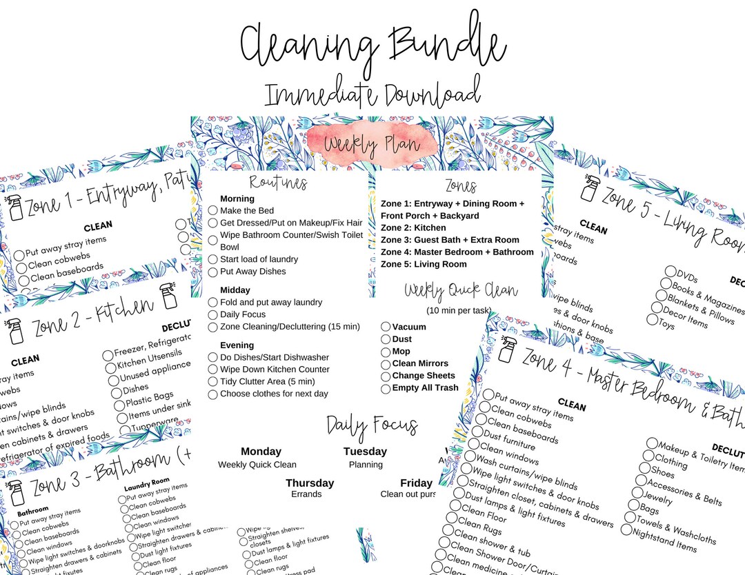 Printable Cleaning Checklist, Zone Cleaning, Daily Routines , Floral ...