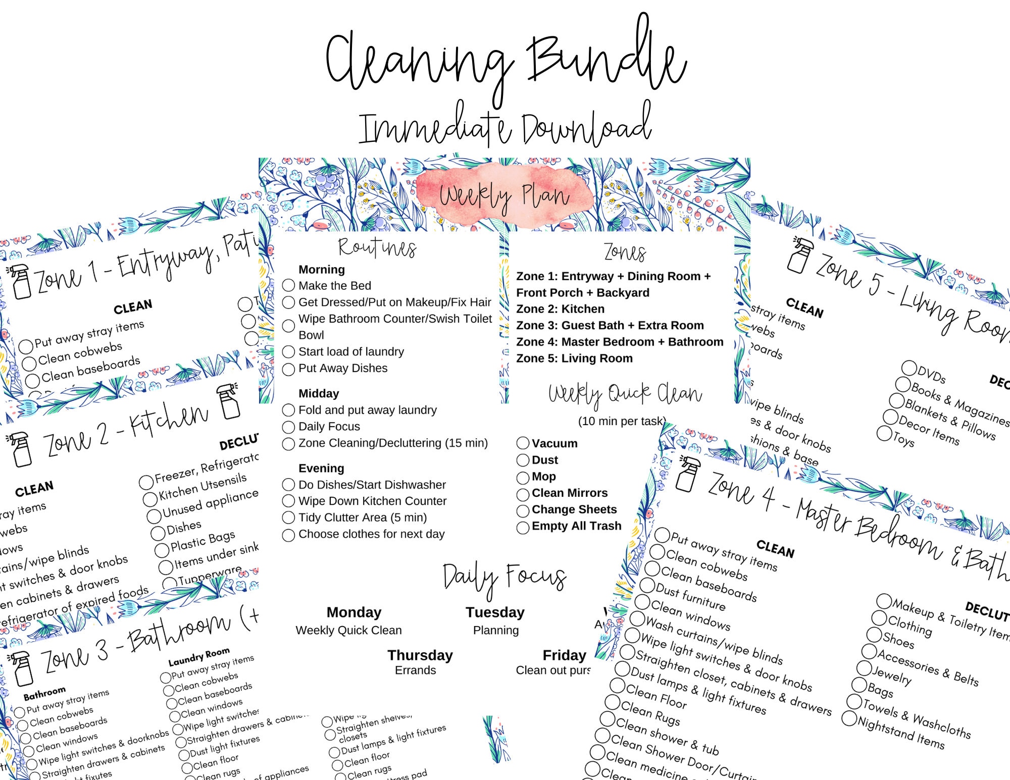 Printable Cleaning Checklist, Zone Cleaning, Daily Routines , Floral ...