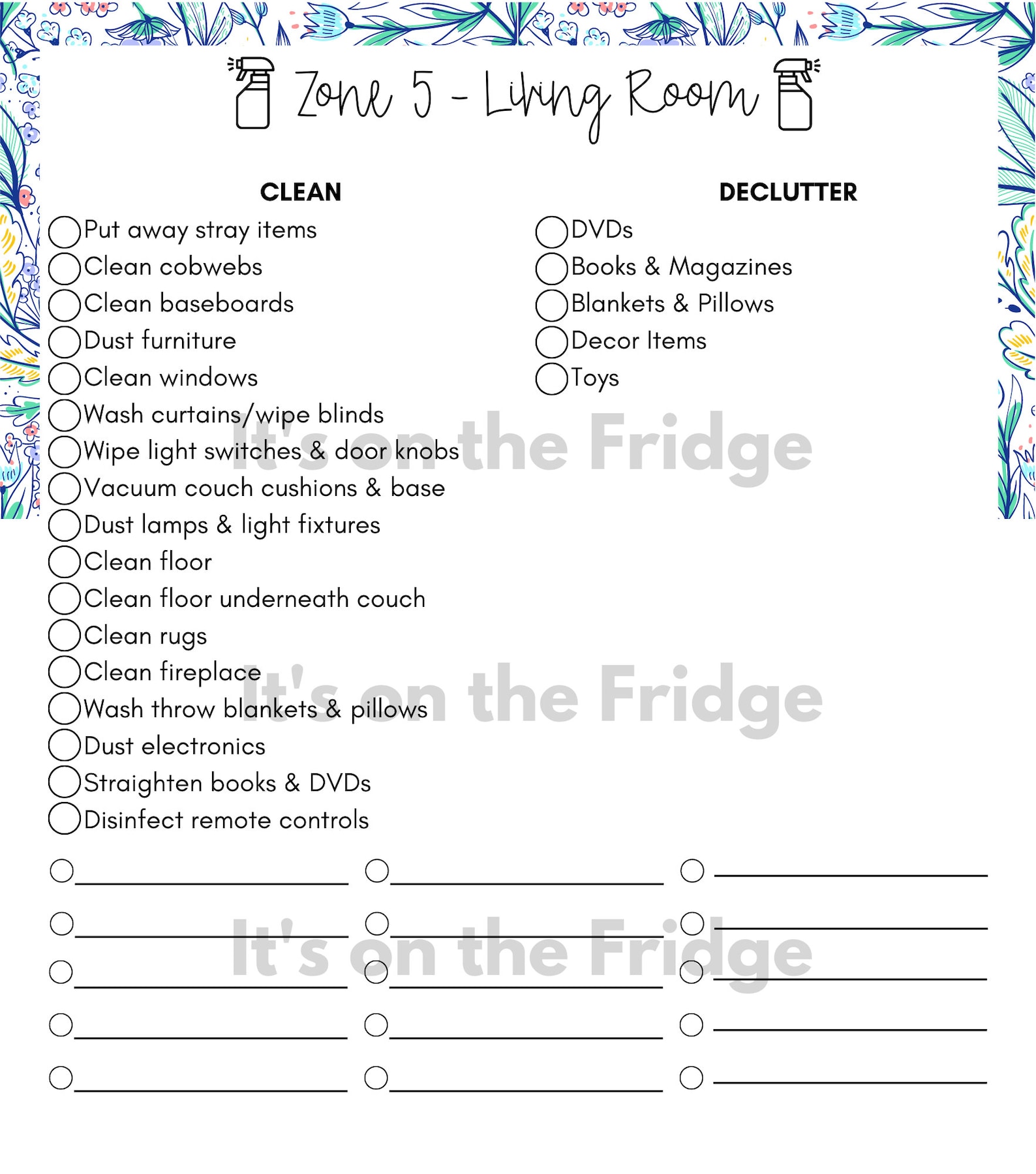 Printable Cleaning Checklist, Zone Cleaning, Daily Routines , Floral ...