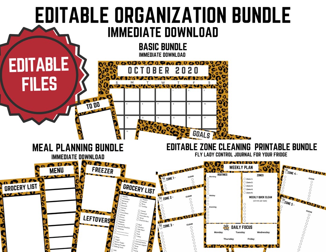 Editable Printable Organization Bundle, Meal Planning, Cleaning Routine ...