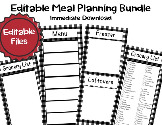 Printable Editable Menu Planning Bundle Grocery List - Etsy