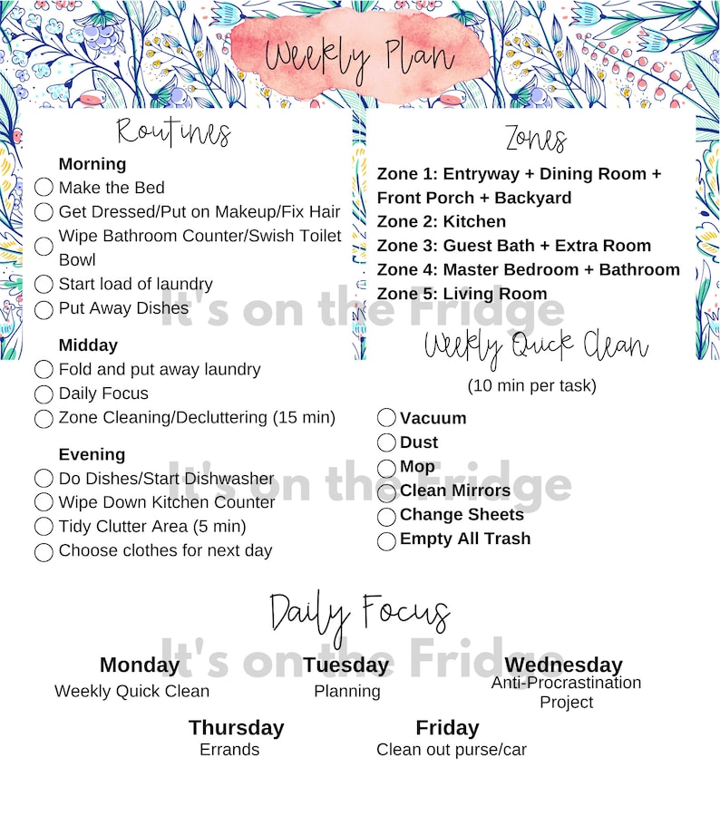Printable Cleaning Checklist, Zone Cleaning, Daily Routines , Floral ...