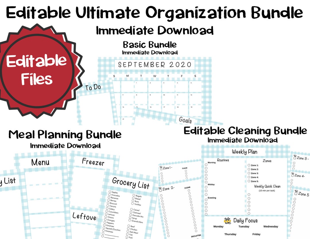 Editable Printable Organization Bundle, Meal Planning, Cleaning Routine ...