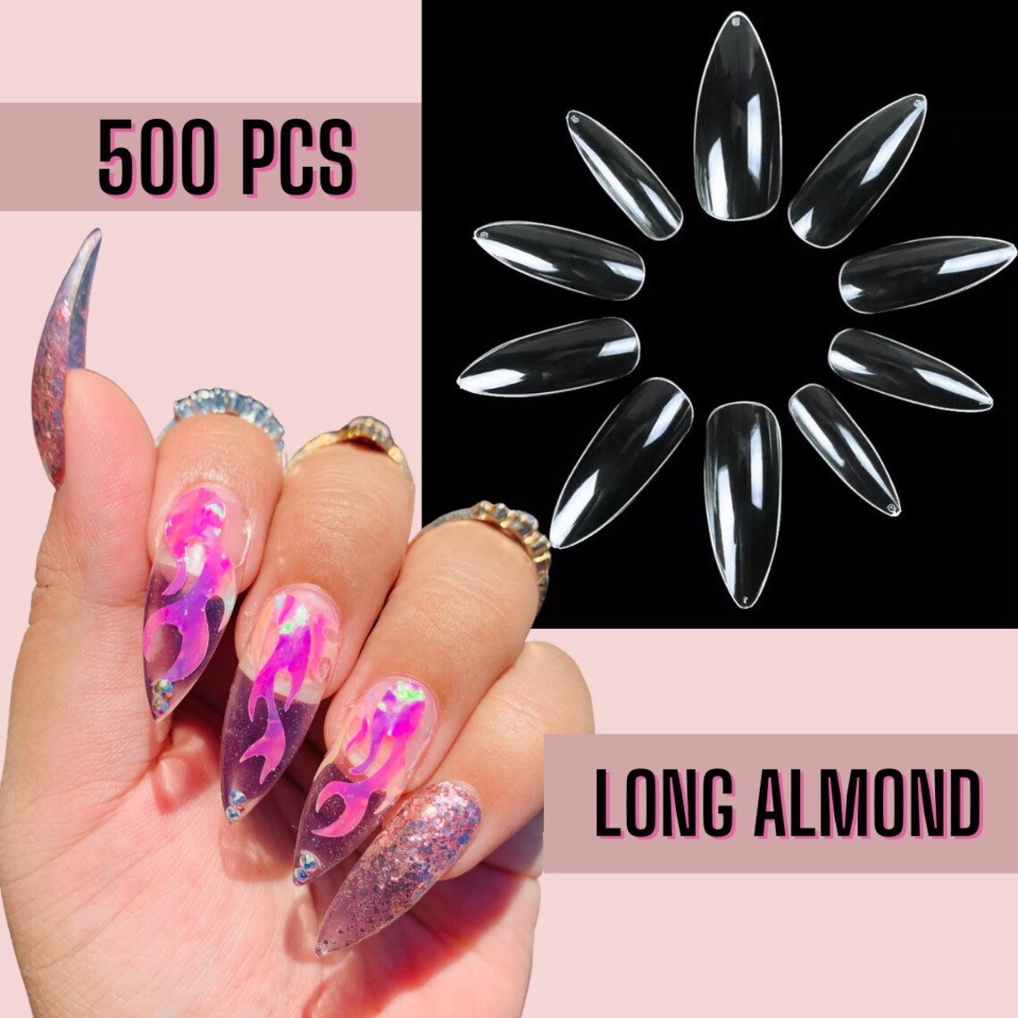 Long Almond Clear Nails Tips Press On Nails False Nails | Etsy