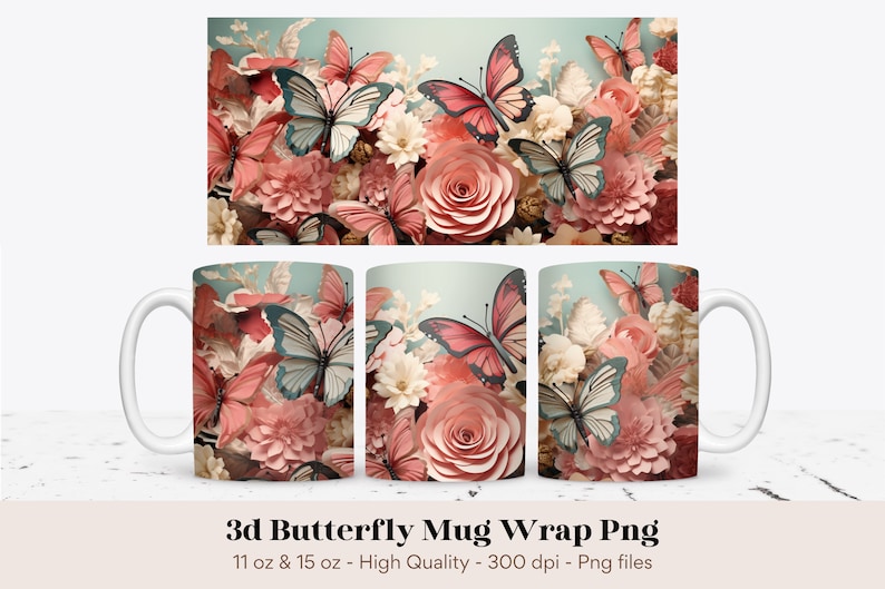 3d Sublimation Designs for Mugs, 3d Butterfly Mug Wrap, 3d Mug Wrap ...
