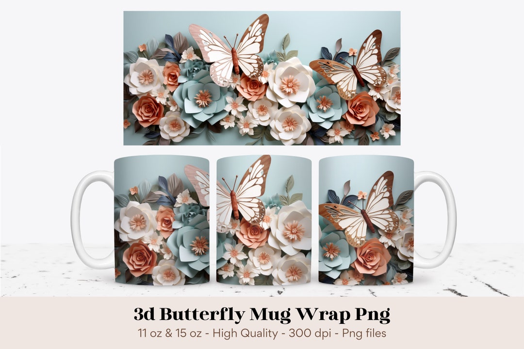Butterfly Mug Wrap, Flower Mug Wrap, Floral Mug Sublimation Png, Spring ...