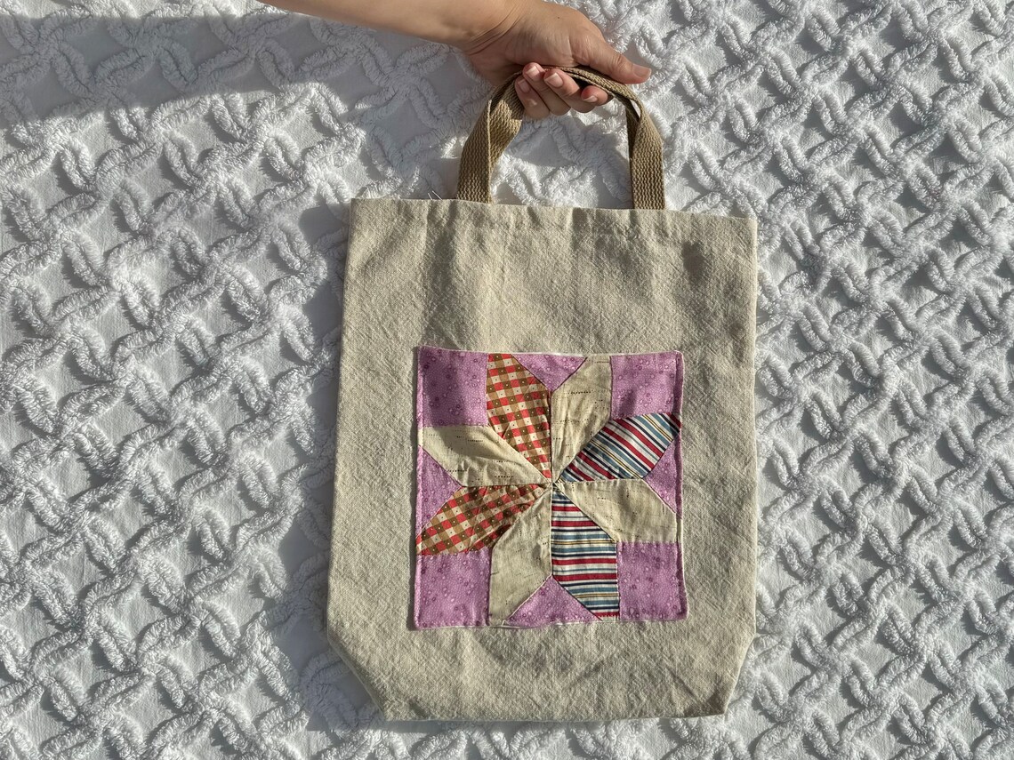 Quilt Block Market Bag, Vintage Quilt Tote Bag With Pocket, Handmade ...