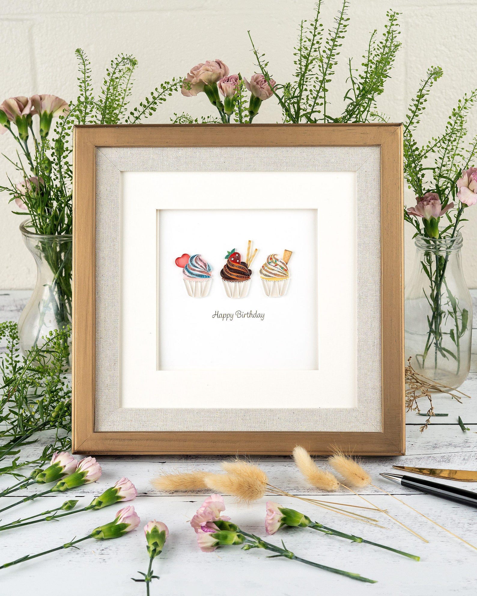 Quilled Birthday Cupcake Trio Greeting Card – Handmade Paper Art ...