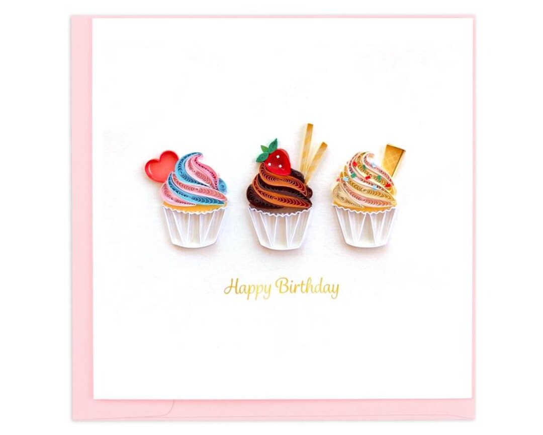 Quilled Birthday Cupcake Trio Greeting Card – Handmade Paper Art ...