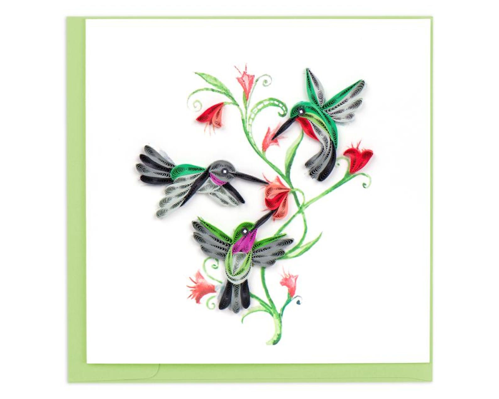 Quilled Hummingbird Trio Greeting Card – Handmade Vibrant Paper Art ...